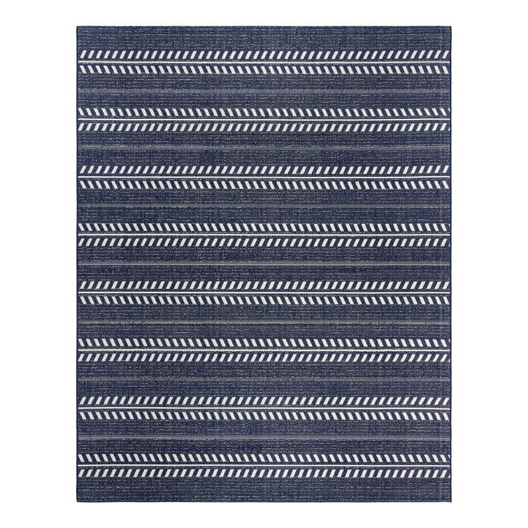 Gertmenian Paseo Moran Leaf Striped Navy Blue White Polypropylene Flatweave Indoor/ Outdoor Area ...
